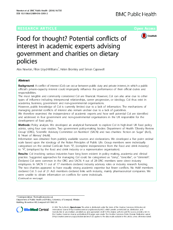 (PDF) Food for thought? Potential conflicts of interest in academic ...