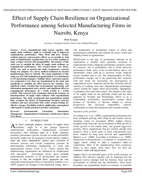 (PDF) Effect of Supply Chain Resilience on Organizational Performance among Selected ...