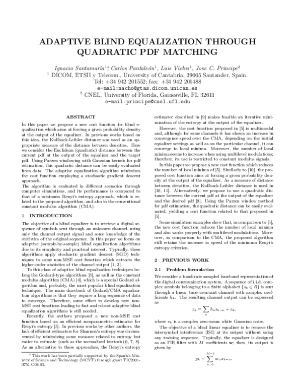 (PDF) Adaptive Blind Equalization Through Quadratic PDF Matching