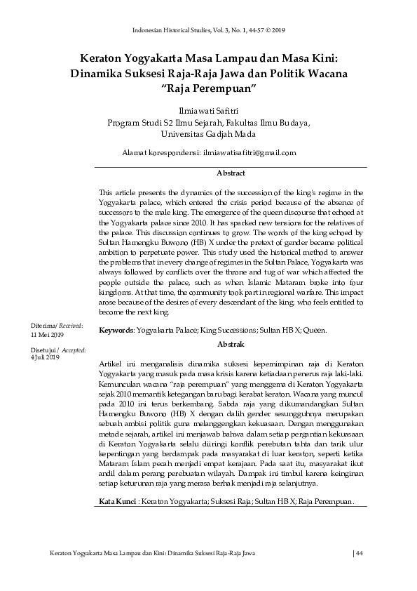Pdf Keraton Yogyakarta Masa Lampau Dan Masa Kini Dinamika Suksesi