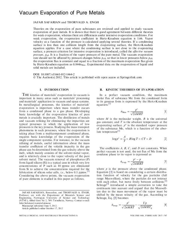 (PDF) Vacuum Evaporation of Pure Metals | Jafar Safarian - Academia.edu