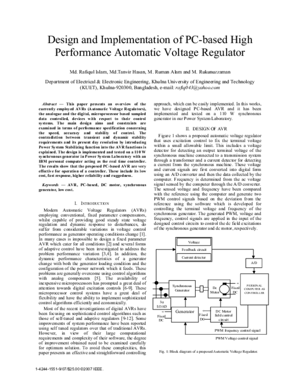 (PDF) Design and implementation of PC-based high performance automatic voltage regulator