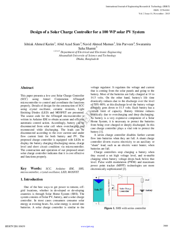 (PDF) Design of a Solar Charge Controller for a 100 WP Solar PV System