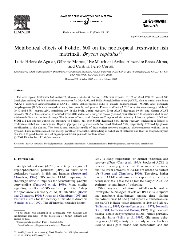 (PDF) Metabolical effects of Folidol 600 on the neotropical freshwater ...