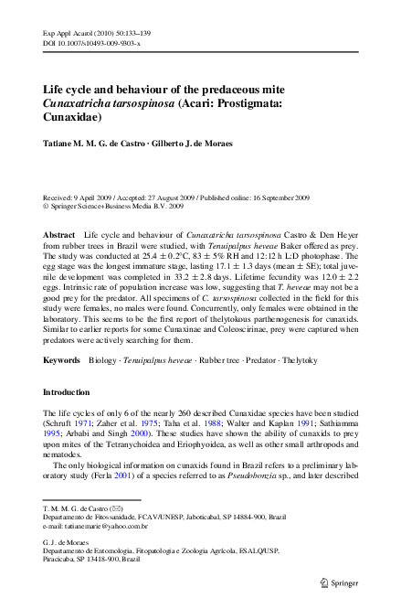 (PDF) Life cycle and behaviour of the predaceous mite Cunaxatricha ...