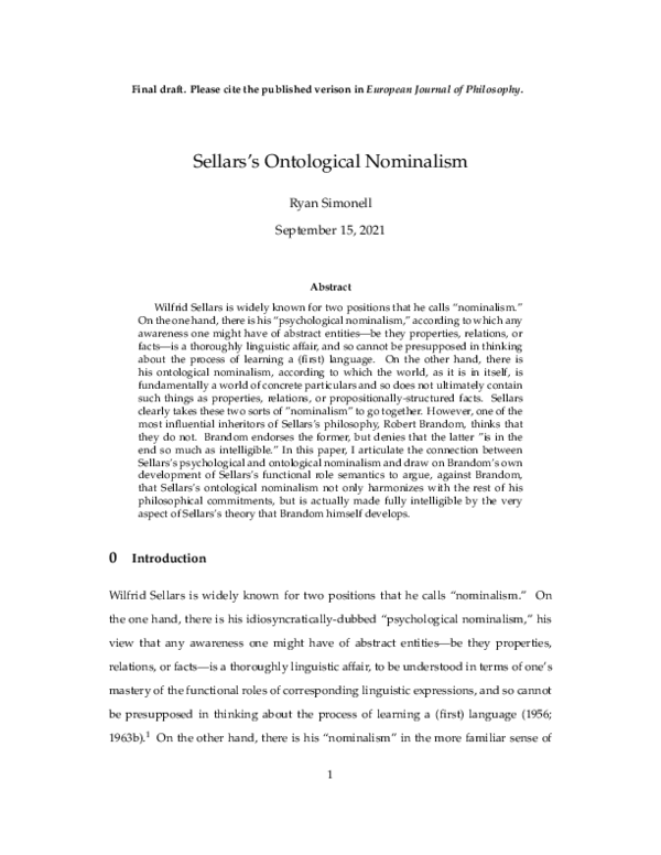 (PDF) Sellars's Ontological Nominalism