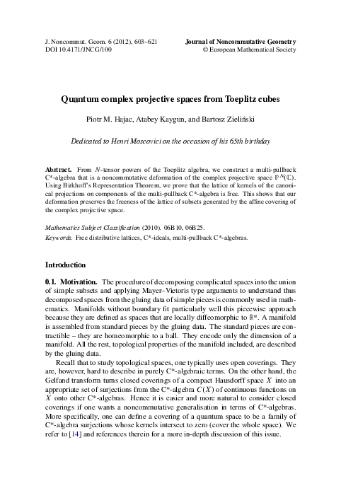 (PDF) Quantum complex projective spaces from Toeplitz cubes