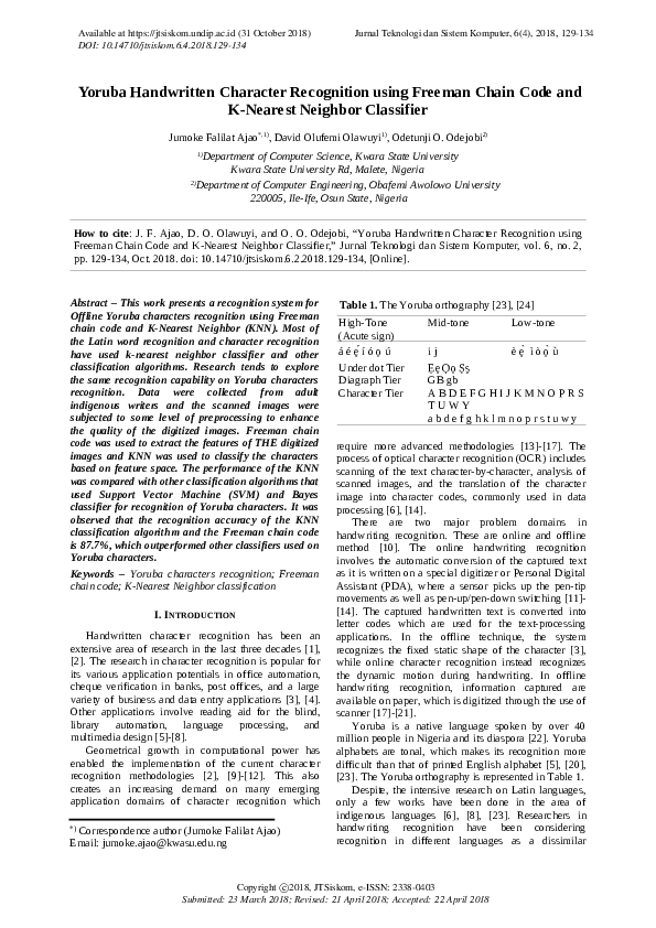 Pdf Yoruba Handwritten Character Recognition Using Freeman Chain Code And K Nearest Neighbor