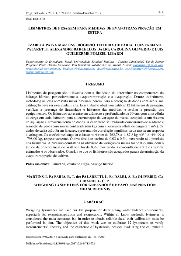 (PDF) Lisímetros De Pesagem Para Medidas De Evapotranspiração Em Estufa ...