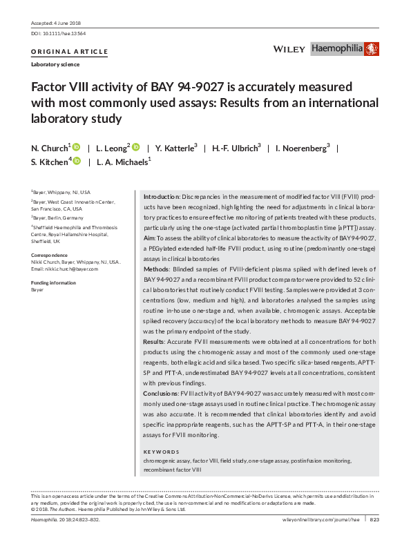 (PDF) Factor VIII activity of BAY 94-9027 is accurately measured with most commonly used assays ...