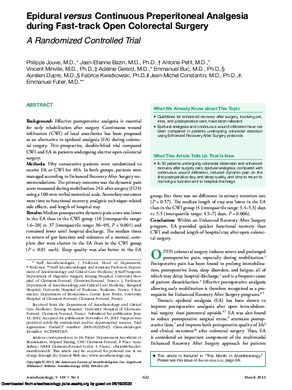 (PDF) Epidural versus Continuous Preperitoneal Analgesia during Fast-track Open Colorectal Surgery