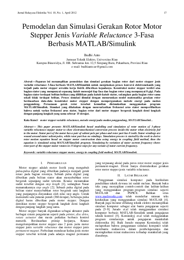 (PDF) Pemodelan dan Simulasi Gerakan Rotor Motor Stepper Jenis Variable Reluctance 3-Fasa ...