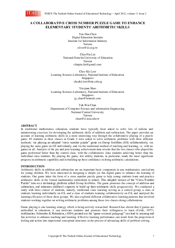 (PDF) A Collaborative Cross Number Puzzle Game to Enhance Elementary ...