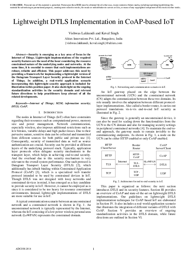 (PDF) Lightweight DTLS Implementation in CoAP-based Internet of Things