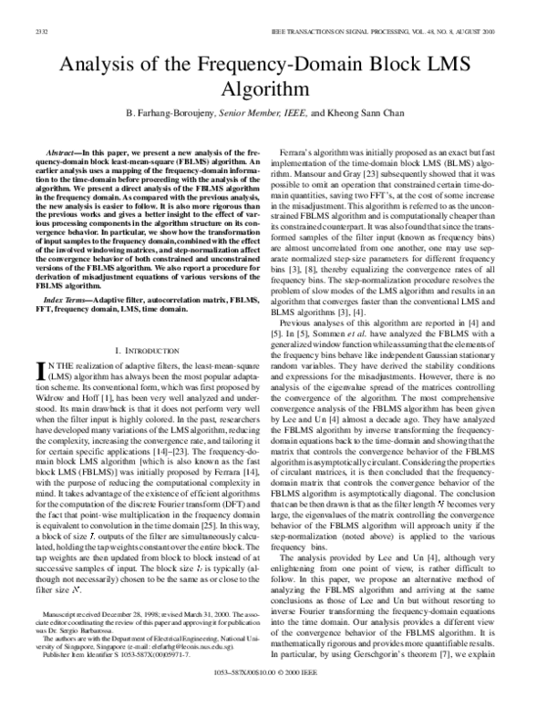 Pdf Analysis Of The Frequency Domain Block Lms Algorithm