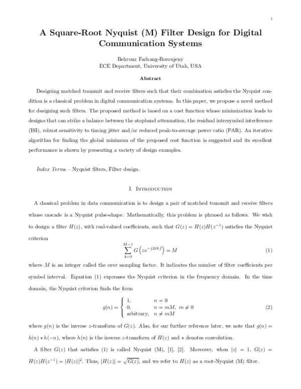 (PDF) A Square-Root Nyquist (M) Filter Design for Digital Communication Systems