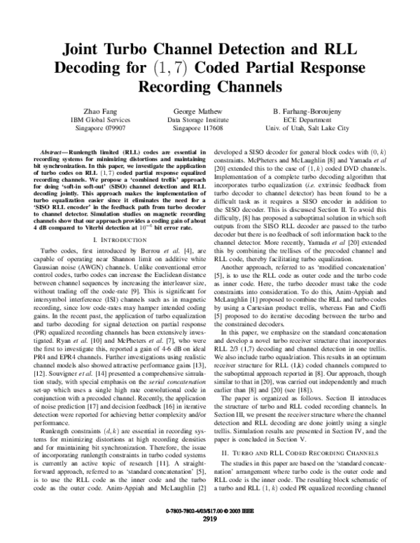 (PDF) Joint turbo channel detection and RLL decoding for (1, 7) coded partial response recording ...