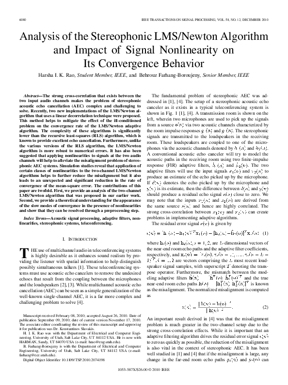 Pdf Analysis Of The Stereophonic Lms Newton Algorithm And Impact Of Signal Nonlinearity On Its
