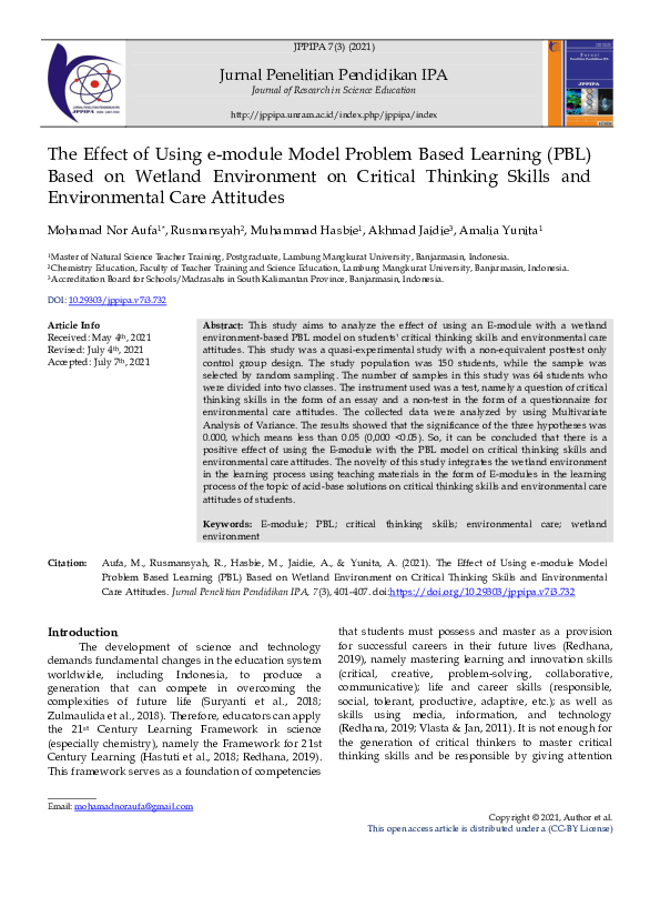 (PDF) The Effect of Using e-module Model Problem Based Learning (PBL ...