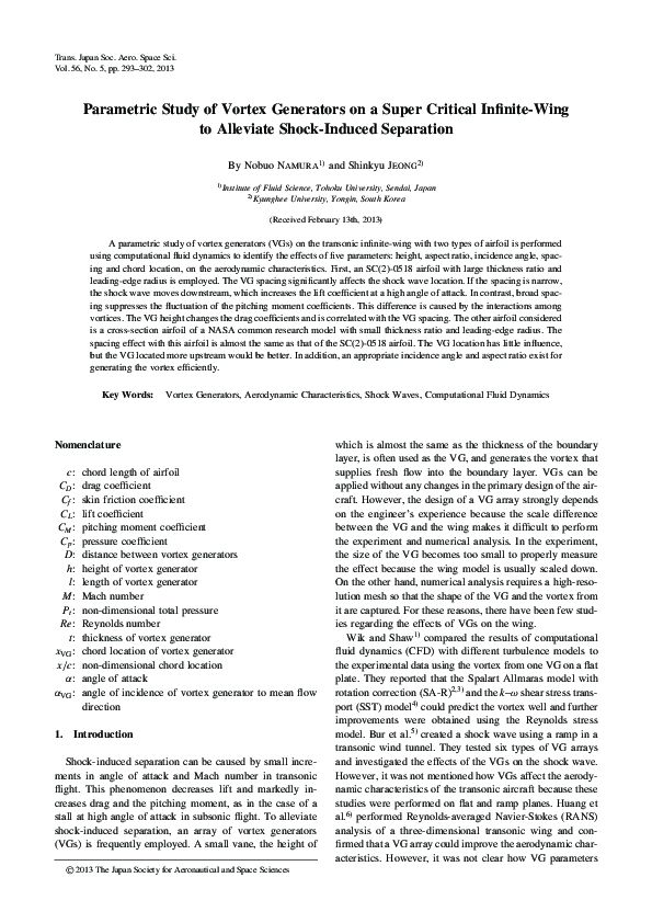 (PDF) Parametric Study of Vortex Generators on a Super Critical Infinite-Wing to Alleviate Shock ...