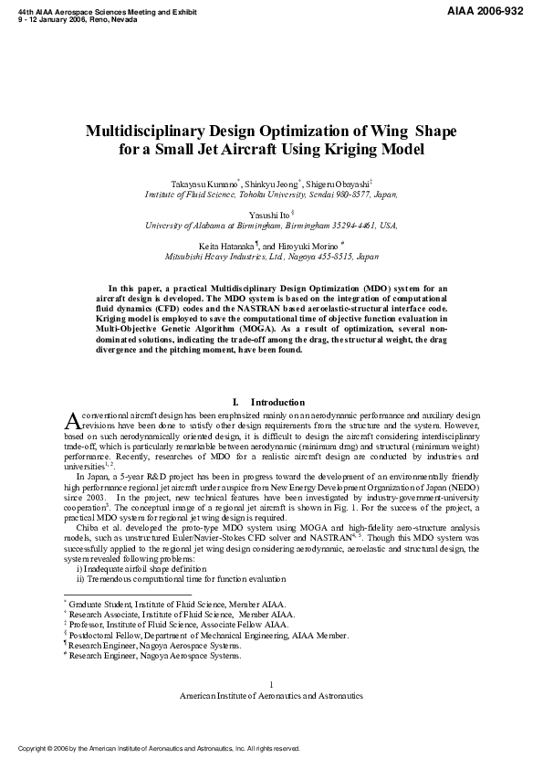 (PDF) Multidisciplinary Design Optimization of Wing Shape for a Small Jet Aircraft Using Kriging ...