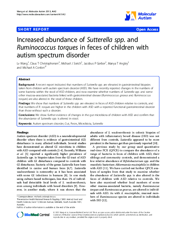 (PDF) Increased abundance of Sutterella spp. and Ruminococcus torques ...