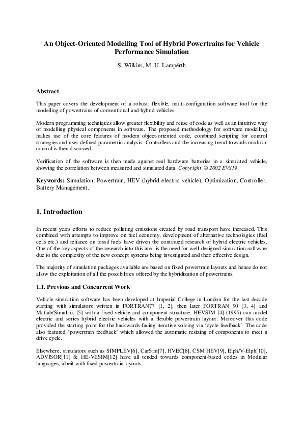 (PDF) An object-oriented modeling tool of hybrid powertrains for vehicle performance simulation
