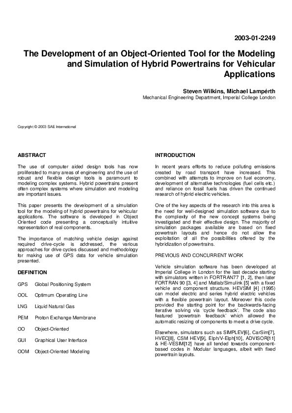 Pdf The Development Of An Object Oriented Tool For The Modeling And Simulation Of Hybrid