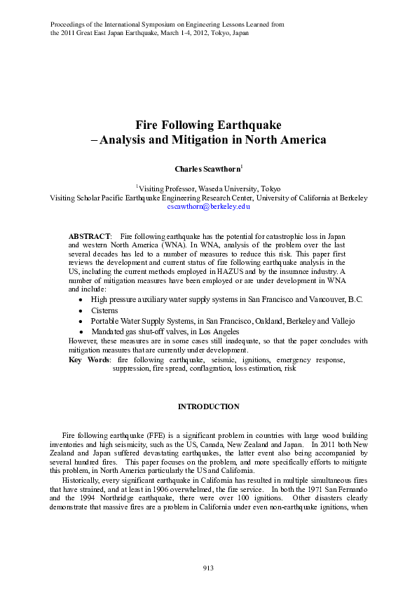 (PDF) Fire Following Earthquake – Analysis and Mitigation in North America