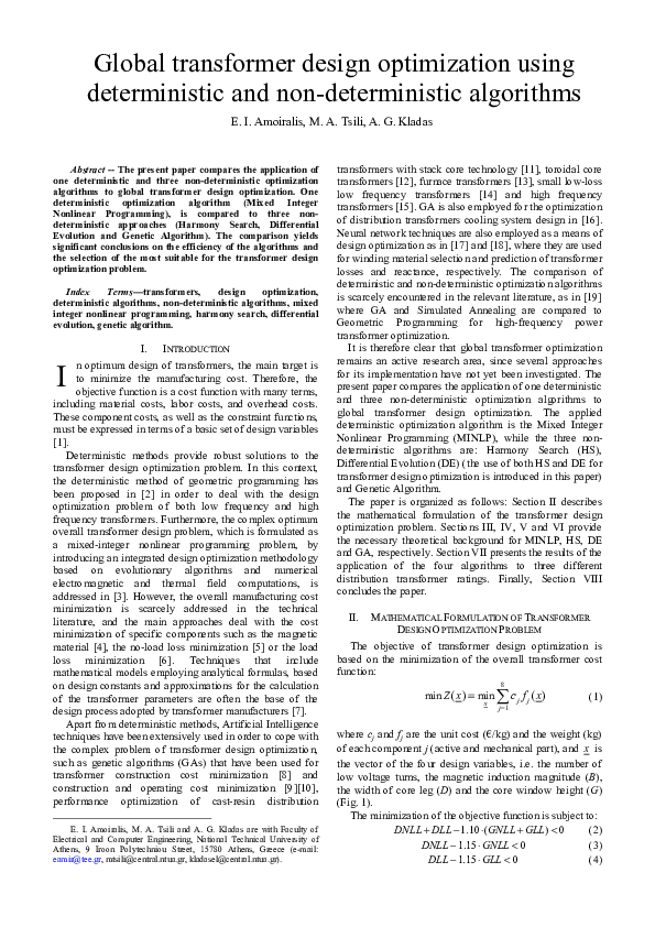 Pdf Global Transformer Design Optimization Using Deterministic And Nondeterministic Algorithms
