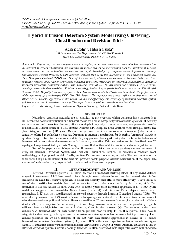 Pdf Hybrid Intrusion Detection System Model Using Clustering Classification And Decision Table