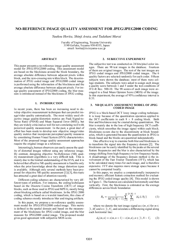 (PDF) No reference image quality assessment for JPEG2000 based on spatial features