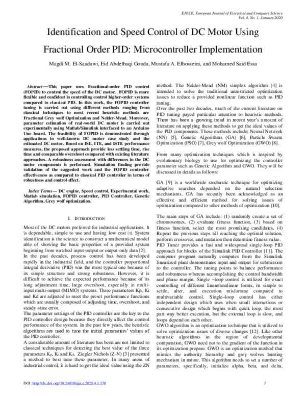 Pdf Identification And Speed Control Of Dc Motor Using Fractional Order Pid Microcontroller