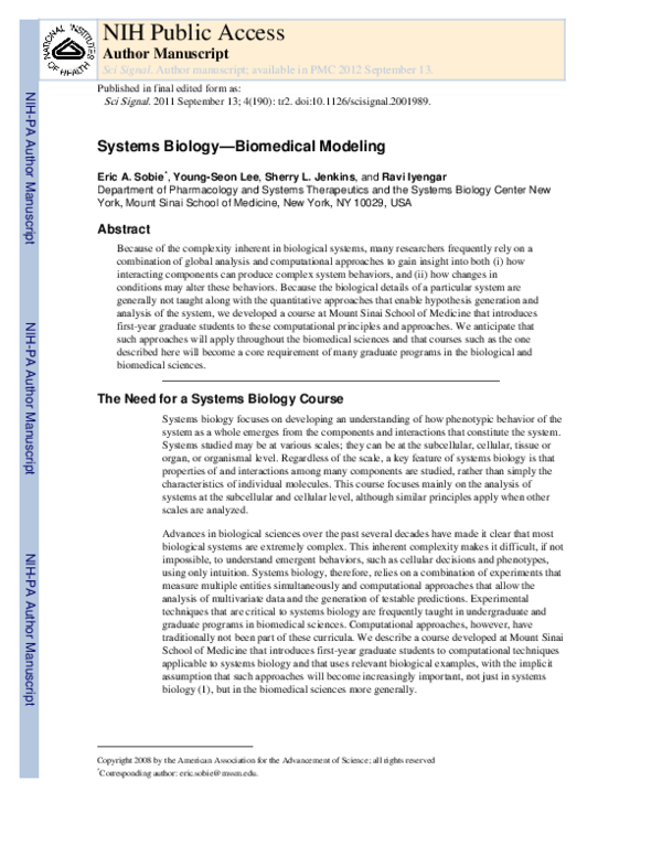 (PDF) Systems Biology--Biomedical Modeling
