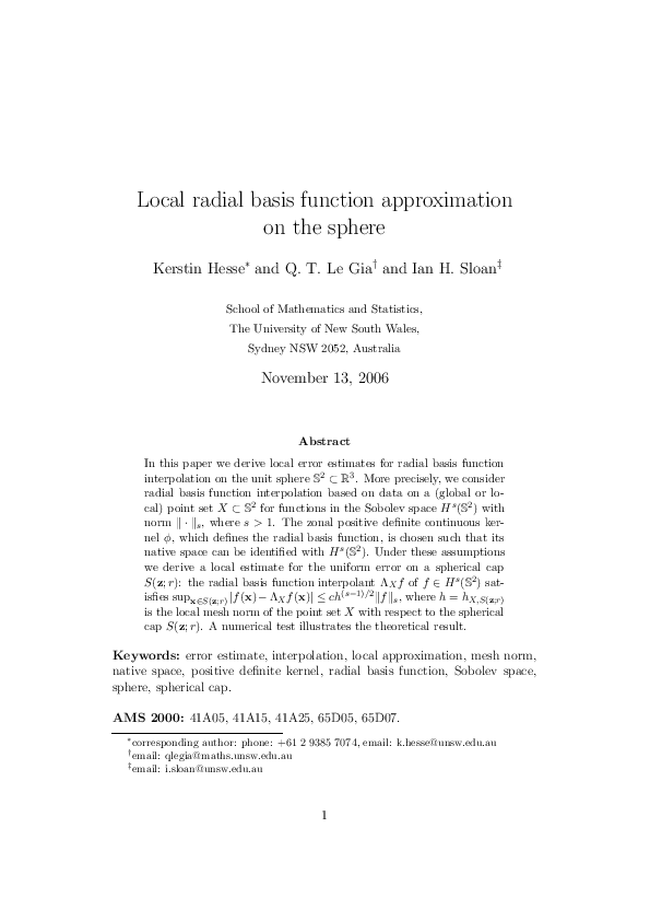 (PDF) Local Radial Basis Function Approximation on the Sphere | Q. Le Gia - Academia.edu