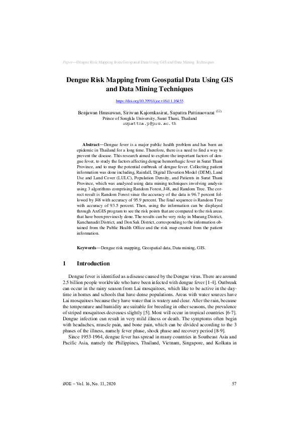 Pdf Dengue Risk Mapping From Geospatial Data Using Gis And Data Mining Techniques