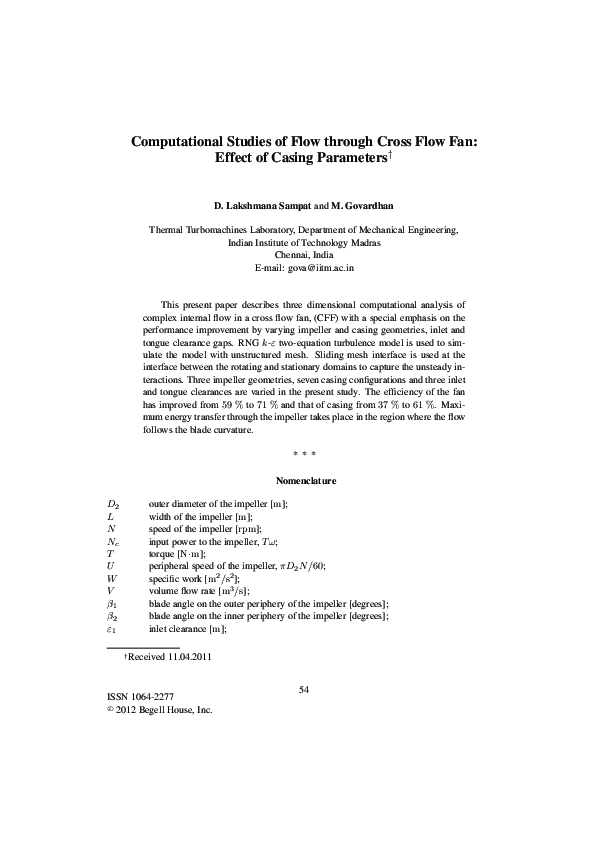 (PDF) Computational Studies of Flow through Cross Flow Fan: Effect of ...