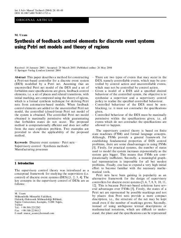 (PDF) Synthesis of feedback control elements for discrete event systems using Petri net models ...