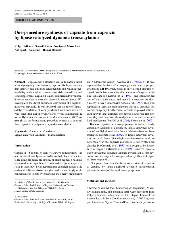 (PDF) One-procedure synthesis of capsiate from capsaicin by lipase ...