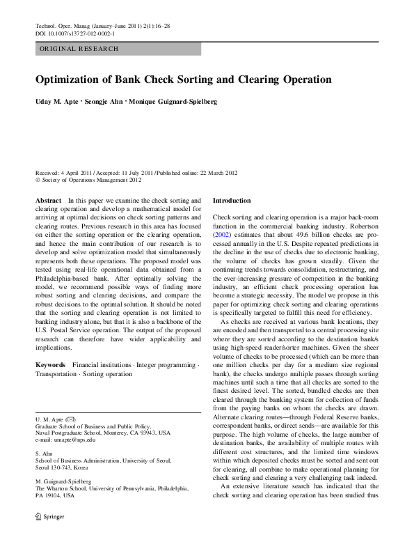 (PDF) Optimization of Bank Check Sorting and Clearing Operation