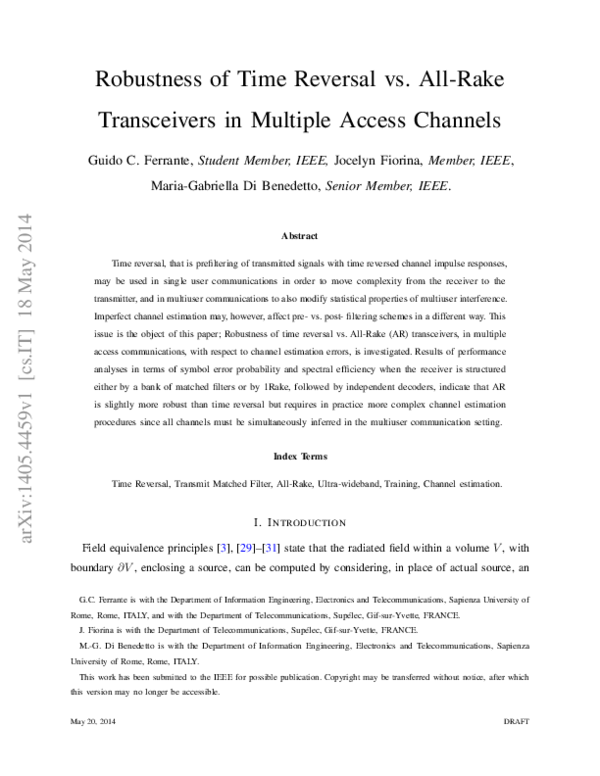 (PDF) Robustness of Time Reversal vs. All-Rake Transceivers in Multiple Access Channels