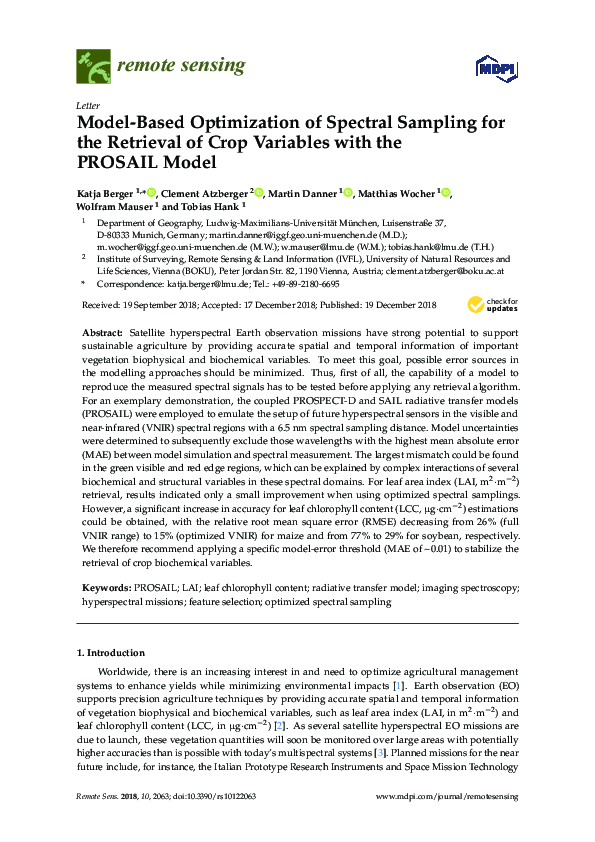 (PDF) Model-Based Optimization of Spectral Sampling for the Retrieval of Crop Variables with the ...