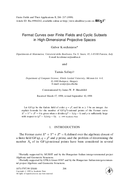 Pdf Fermat Curves Over Finite Fields And Cyclic Subsets In High Dimensional Projective Spaces