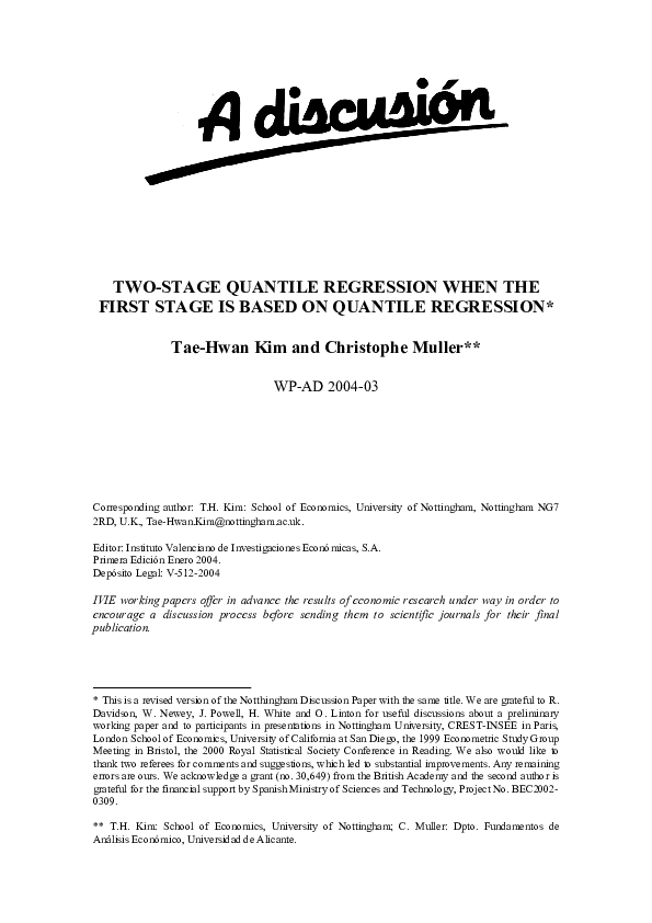 Pdf Two Stage Quantile Regression When The First Stage Is Based On Quantile Regression