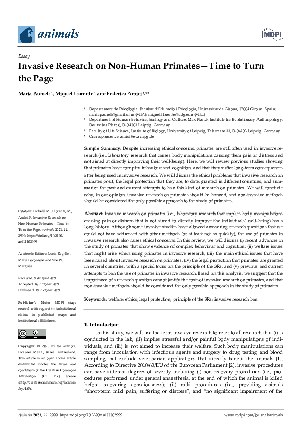 (PDF) Invasive Research on Non-Human Primates-Time to Turn the Page