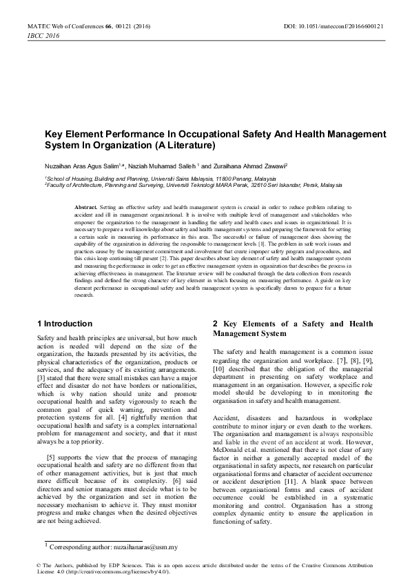 (PDF) Key Element Performance In Occupational Safety And Health ...
