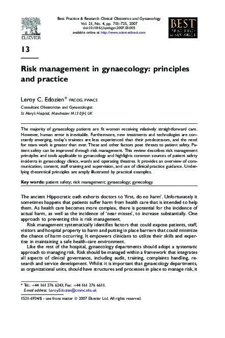 (PDF) Risk management in gynaecology: principles and practice