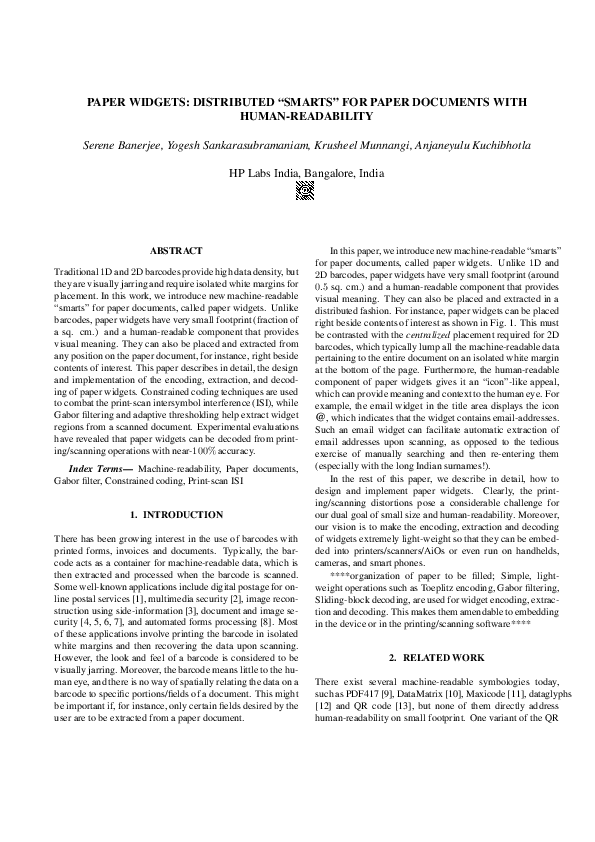 (PDF) Paper Widgets: Distributed "Smarts" for Paper Documents with ...