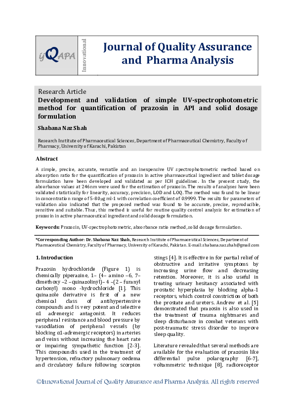 Pdf Development And Validation Of A Simple Uv Spectrophotometric Method For The Determination