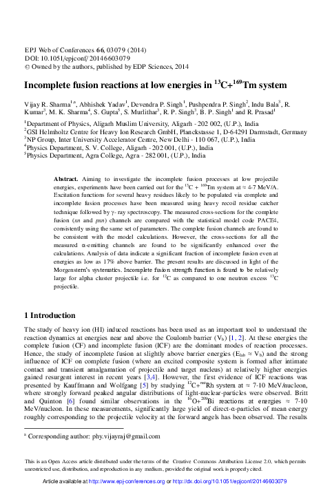 (PDF) Incomplete fusion reactions at low energies in 13 C+ 169 Tm system